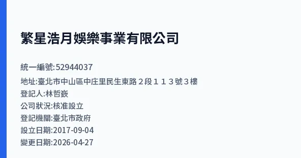 繁星浩月娛樂事業有限公司的照片-統編 52944037(臺北市) 公司登記資料與營業項目詳細圖表