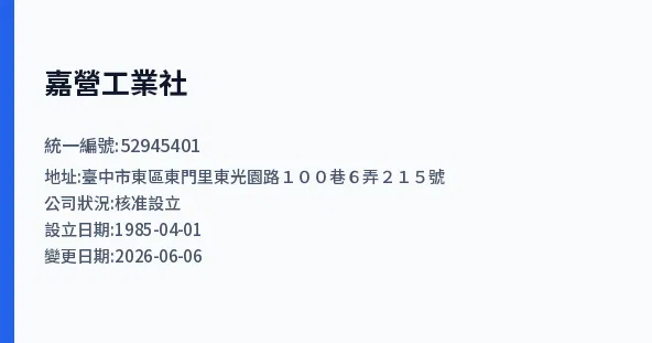 嘉營工業社的照片-統編 52945401(臺中市) 公司登記資料與營業項目詳細圖表