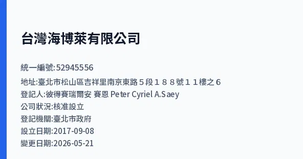 台灣海博萊有限公司的照片-統編 52945556(臺北市) 公司登記資料與營業項目詳細圖表