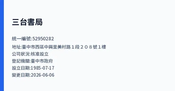 三台書局的照片-統編 52950282(臺中市) 公司登記資料與營業項目詳細圖表
