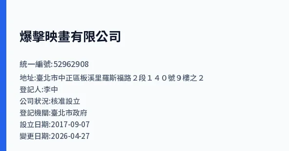 爆擊映畫有限公司的照片-統編 52962908(臺北市) 公司登記資料與營業項目詳細圖表