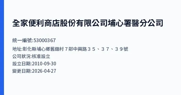 全家便利商店股份有限公司埔心署醫分公司的照片-統編 53000367(彰化縣) 公司登記資料與營業項目詳細圖表