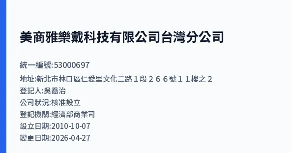 美商雅樂戴科技有限公司台灣分公司的照片-統編 53000697(新北市) 公司登記資料與營業項目詳細圖表