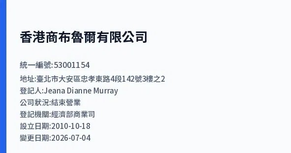 香港商布魯爾有限公司的照片-統編 53001154(臺北市) 公司登記資料與營業項目詳細圖表