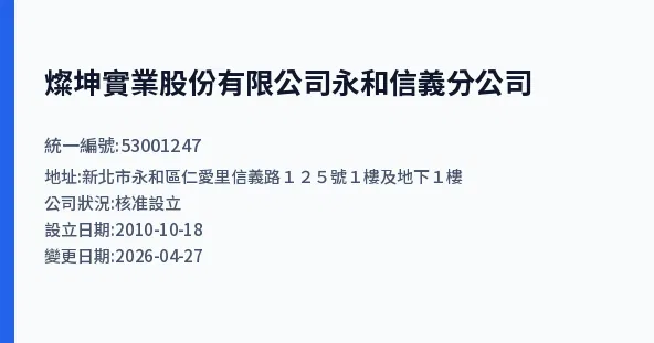 燦坤實業股份有限公司永和信義分公司的照片-統編 53001247(新北市) 公司登記資料與營業項目詳細圖表