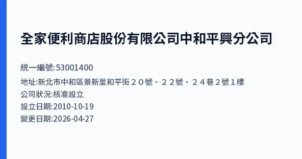 全家便利商店股份有限公司中和平興分公司的照片-統編 53001400(新北市) 公司登記資料與營業項目詳細圖表