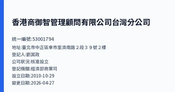 香港商御智管理顧問有限公司台灣分公司的照片-統編 53001794(臺北市) 公司登記資料與營業項目詳細圖表