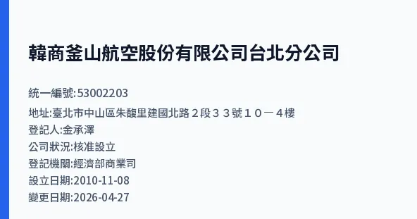 韓商釜山航空股份有限公司台北分公司的照片-統編 53002203(臺北市) 公司登記資料與營業項目詳細圖表