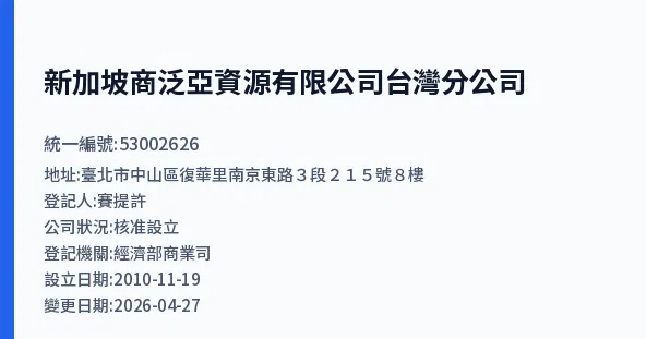 新加坡商泛亞資源有限公司台灣分公司的照片-統編 53002626(臺北市) 公司登記資料與營業項目詳細圖表