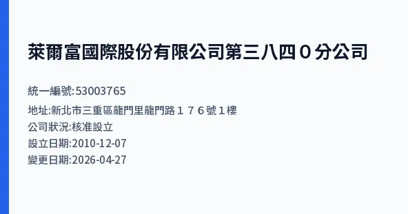 萊爾富國際股份有限公司第三八四0分公司的照片-統編 53003765(新北市) 公司登記資料與營業項目詳細圖表