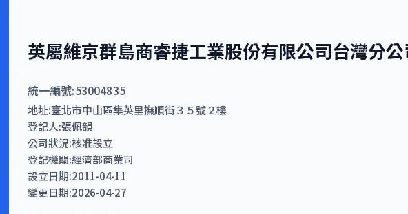 英屬維京群島商睿捷工業股份有限公司台灣分公司的照片-統編 53004835(臺北市) 公司登記資料與營業項目詳細圖表