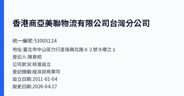 香港商亞美聯物流有限公司台灣分公司的照片-統編 53005124(臺北市) 公司登記資料與營業項目詳細圖表