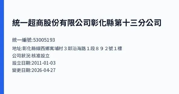 統一超商股份有限公司彰化縣第十三分公司的照片-統編 53005193(彰化縣) 公司登記資料與營業項目詳細圖表
