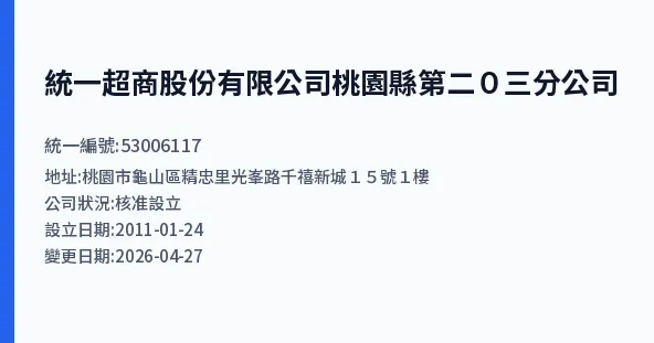統一超商股份有限公司桃園縣第二0三分公司的照片-統編 53006117(桃園市) 公司登記資料與營業項目詳細圖表