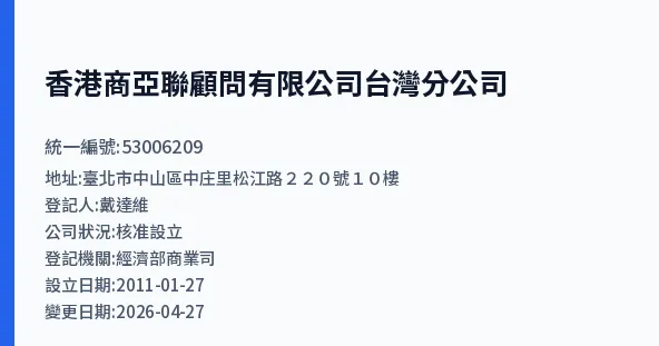 香港商亞聯顧問有限公司台灣分公司的照片-統編 53006209(臺北市) 公司登記資料與營業項目詳細圖表