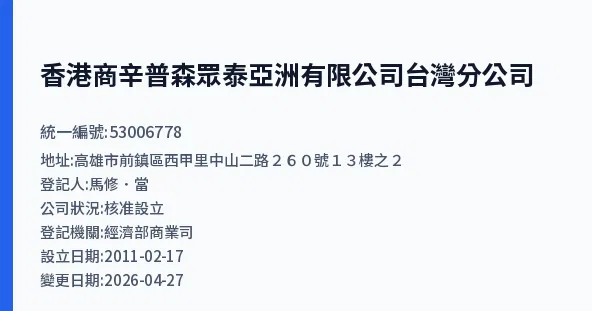 香港商辛普森眾泰亞洲有限公司台灣分公司的照片-統編 53006778(高雄市) 公司登記資料與營業項目詳細圖表
