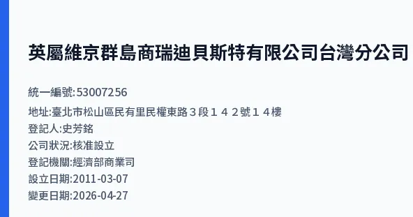 英屬維京群島商瑞迪貝斯特有限公司台灣分公司的照片-統編 53007256(臺北市) 公司登記資料與營業項目詳細圖表