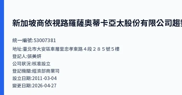 新加坡商依視路羅薩奧蒂卡亞太股份有限公司趨勢分公司的照片-統編 53007381(臺北市) 公司登記資料與營業項目詳細圖表
