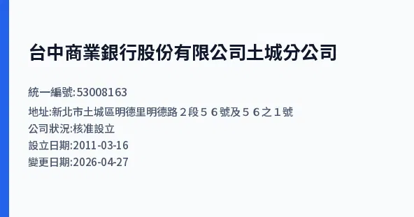 台中商業銀行股份有限公司土城分公司的照片-統編 53008163(新北市) 公司登記資料與營業項目詳細圖表