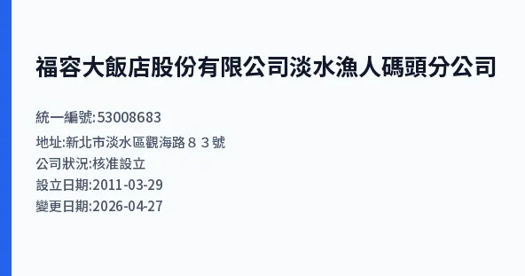 福容大飯店股份有限公司淡水漁人碼頭分公司的照片-統編 53008683(新北市) 公司登記資料與營業項目詳細圖表