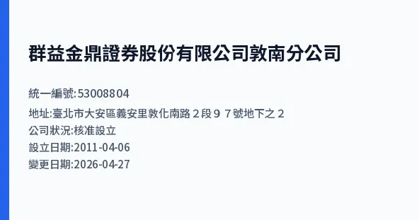群益金鼎證券股份有限公司敦南分公司的照片-統編 53008804(臺北市) 公司登記資料與營業項目詳細圖表