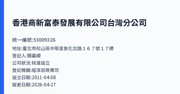 香港商新富泰發展有限公司台灣分公司的照片-統編 53009326(臺北市) 公司登記資料與營業項目詳細圖表