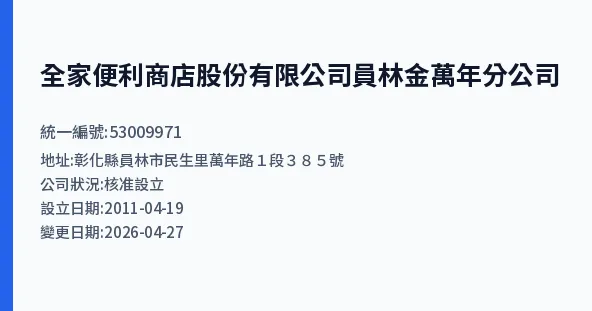 全家便利商店股份有限公司員林金萬年分公司的照片-統編 53009971(彰化縣) 公司登記資料與營業項目詳細圖表