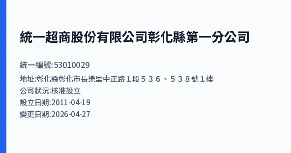 統一超商股份有限公司彰化縣第一分公司的照片-統編 53010029(彰化縣) 公司登記資料與營業項目詳細圖表