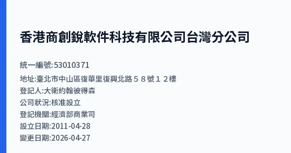 香港商創銳軟件科技有限公司台灣分公司的照片-統編 53010371(臺北市) 公司登記資料與營業項目詳細圖表