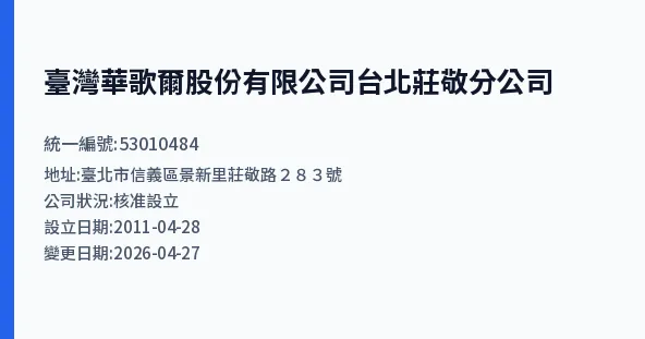 臺灣華歌爾股份有限公司台北莊敬分公司的照片-統編 53010484(臺北市) 公司登記資料與營業項目詳細圖表
