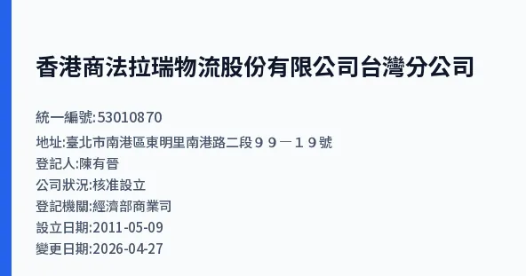 香港商法拉瑞物流股份有限公司台灣分公司的照片-統編 53010870(臺北市) 公司登記資料與營業項目詳細圖表