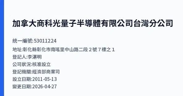 加拿大商科光量子半導體有限公司台灣分公司的照片-統編 53011224(彰化縣) 公司登記資料與營業項目詳細圖表