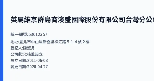 英屬維京群島商浚盛國際股份有限公司台灣分公司的照片-統編 53012357(臺北市) 公司登記資料與營業項目詳細圖表