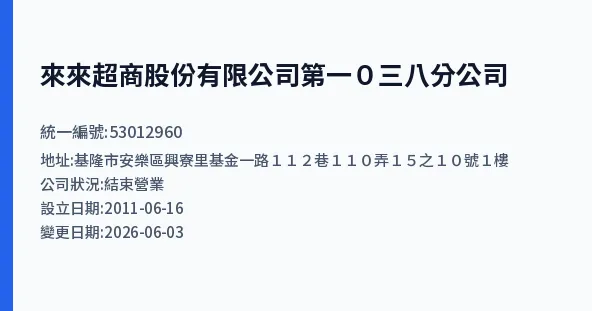 來來超商股份有限公司第一0三八分公司的照片-統編 53012960(基隆市) 公司登記資料與營業項目詳細圖表