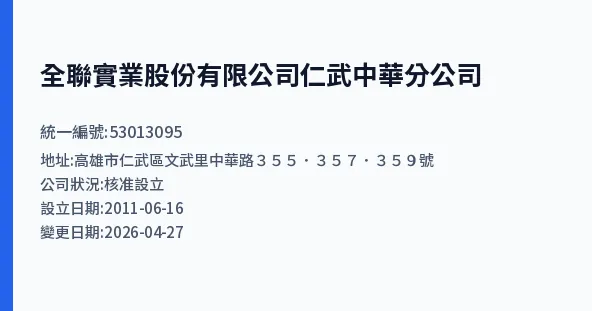 全聯實業股份有限公司仁武中華分公司的照片-統編 53013095(高雄市) 公司登記資料與營業項目詳細圖表