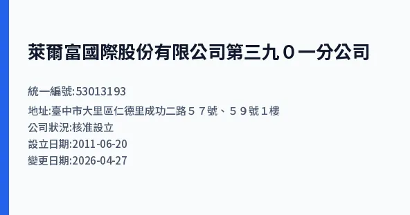 萊爾富國際股份有限公司第三九0一分公司的照片-統編 53013193(臺中市) 公司登記資料與營業項目詳細圖表