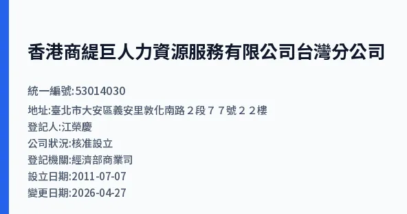 香港商緹巨人力資源服務有限公司台灣分公司的照片-統編 53014030(臺北市) 公司登記資料與營業項目詳細圖表