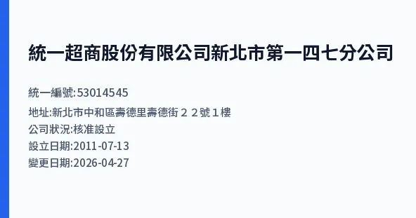 統一超商股份有限公司新北市第一四七分公司的照片-統編 53014545(新北市) 公司登記資料與營業項目詳細圖表