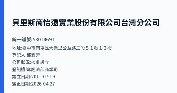 貝里斯商怡遠實業股份有限公司台灣分公司的照片-統編 53014691(臺中市) 公司登記資料與營業項目詳細圖表