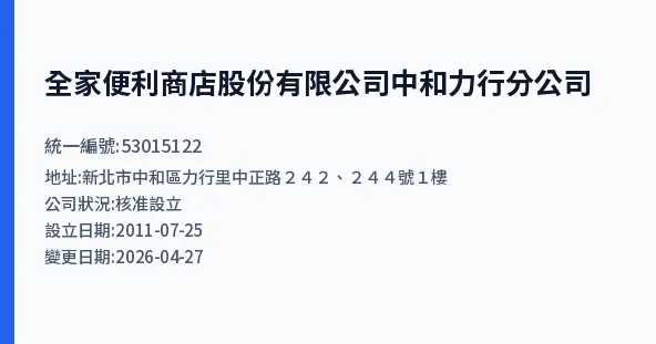 全家便利商店股份有限公司中和力行分公司的照片-統編 53015122(新北市) 公司登記資料與營業項目詳細圖表