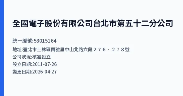 全國電子股份有限公司台北市第五十二分公司的照片-統編 53015164(臺北市) 公司登記資料與營業項目詳細圖表