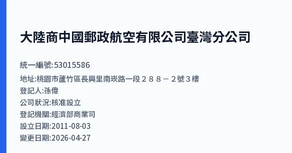 大陸商中國郵政航空有限公司臺灣分公司的照片-統編 53015586(桃園市) 公司登記資料與營業項目詳細圖表