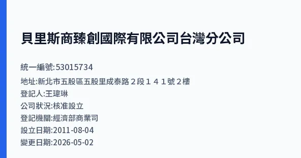 貝里斯商臻創國際有限公司台灣分公司的照片-統編 53015734(新北市) 公司登記資料與營業項目詳細圖表