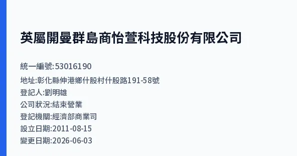 英屬開曼群島商怡萱科技股份有限公司的照片-統編 53016190(彰化縣) 公司登記資料與營業項目詳細圖表