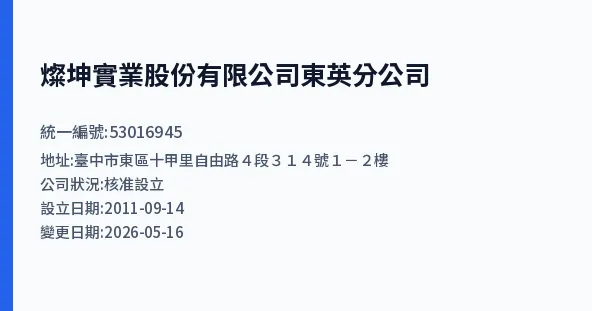 燦坤實業股份有限公司東英分公司的照片-統編 53016945(臺中市) 公司登記資料與營業項目詳細圖表