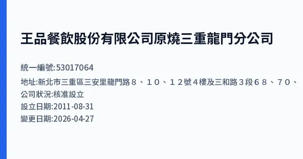 王品餐飲股份有限公司原燒三重龍門分公司的照片-統編 53017064(新北市) 公司登記資料與營業項目詳細圖表