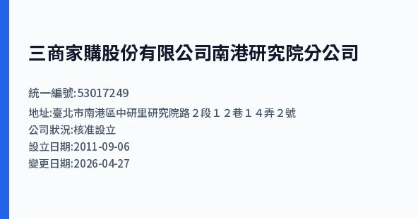 三商家購股份有限公司南港研究院分公司的照片-統編 53017249(臺北市) 公司登記資料與營業項目詳細圖表