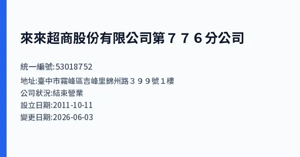 來來超商股份有限公司第776分公司的照片-統編 53018752(臺中市) 公司登記資料與營業項目詳細圖表