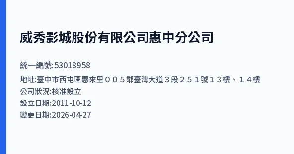 威秀影城股份有限公司惠中分公司的照片-統編 53018958(臺中市) 公司登記資料與營業項目詳細圖表