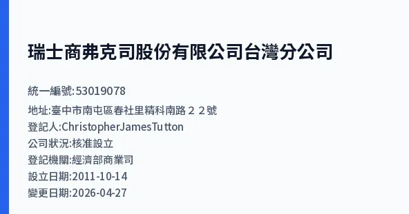 瑞士商弗克司股份有限公司台灣分公司的照片-統編 53019078(臺中市) 公司登記資料與營業項目詳細圖表